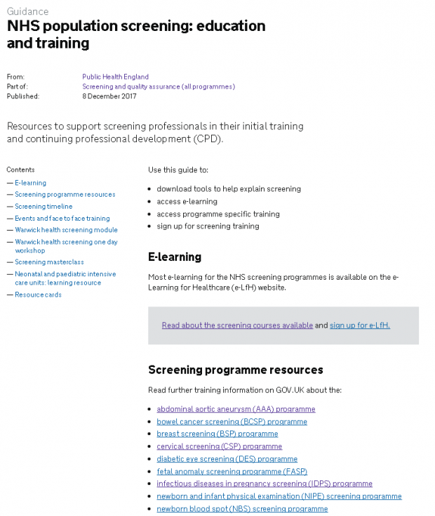 Education and training: now on GOV.UK – PHE Screening